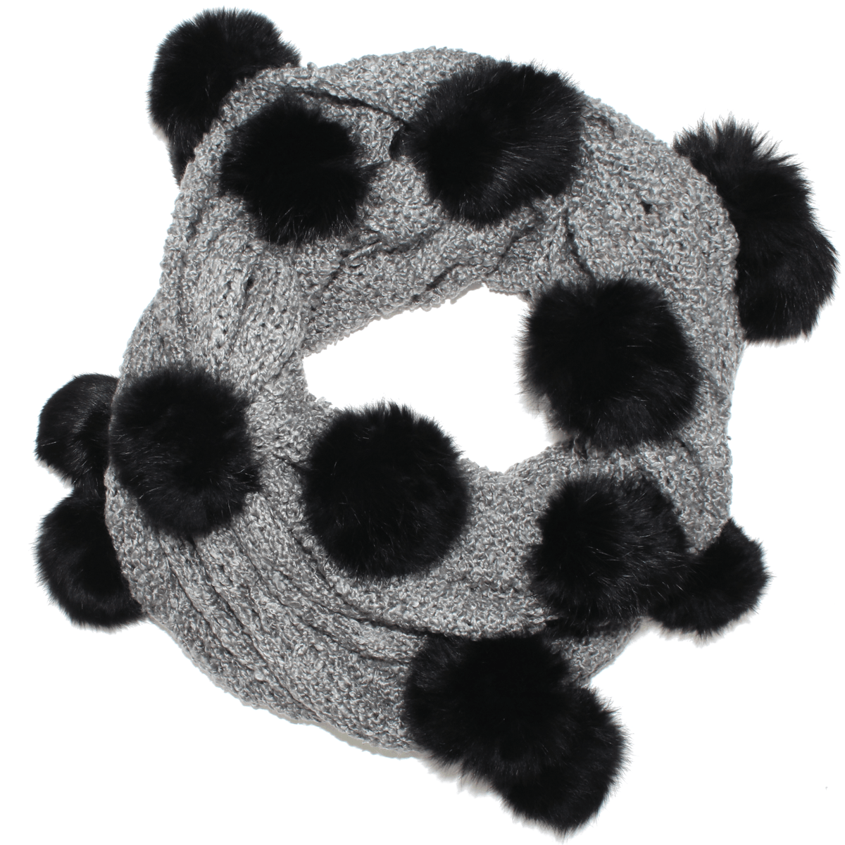Knit Infinity Scarf w/ Rabbit Fur Pom Poms - Grey | La Fiorentina